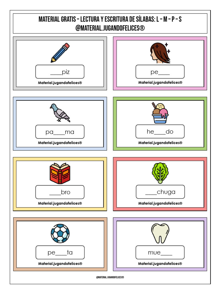 Material Jugandofelices Lectura y Escritura de Palabras L, M, P | PDF | Escritura