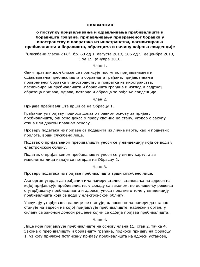 Pravilnik o Postupku Prijavljivanja I Odjavljivanja Prebivalista I ...