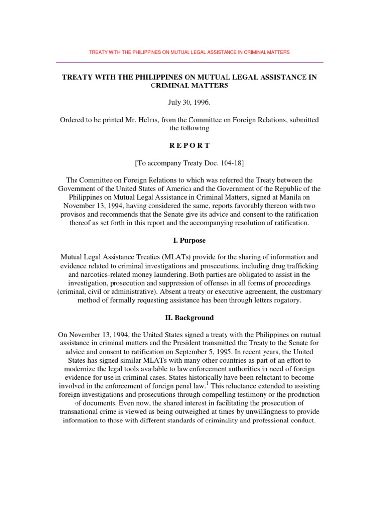 Philippines Treaty Provides Framework For Mutual Legal Assistance Pdf