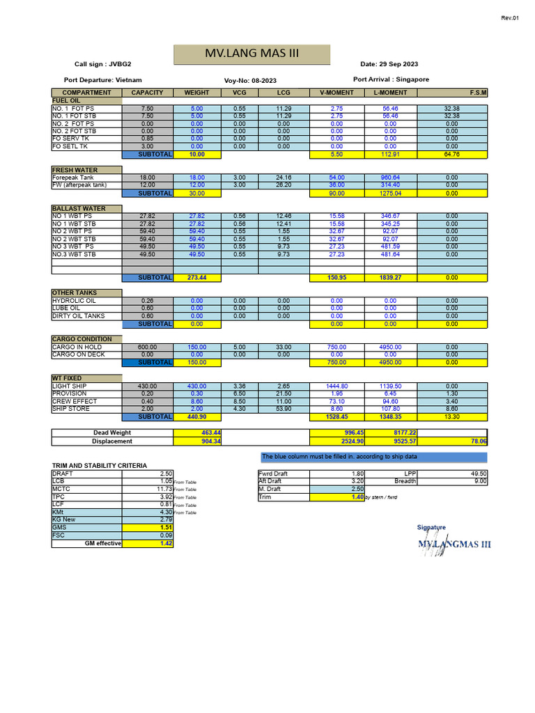 STABILITY - CALCULATION-LANG - MAS - III | PDF | Ships | Shipbuilding