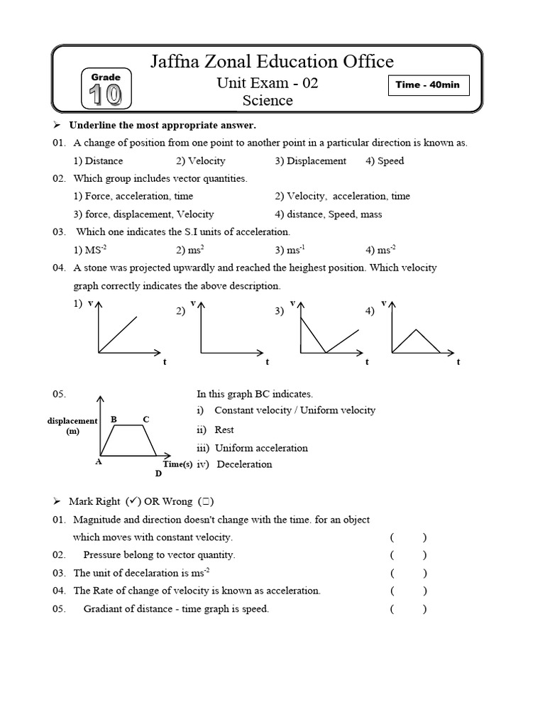 Science 10 Unit Exam 2 | PDF | Velocity | Acceleration