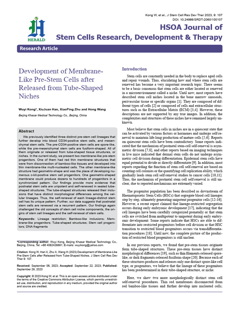 Development of Membrane Like Pre Stem Cells After Released From Tube ...