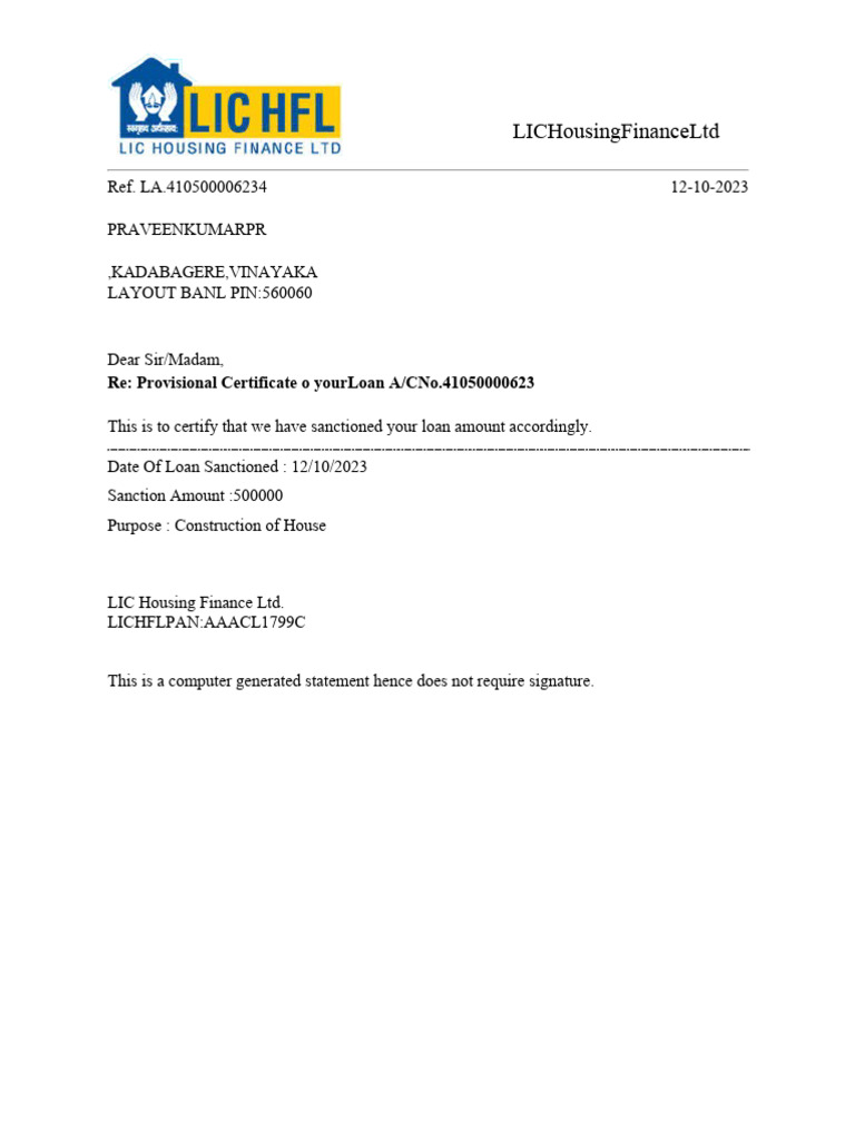 Repay Certificate - LIC HFL - Customer Portal | PDF