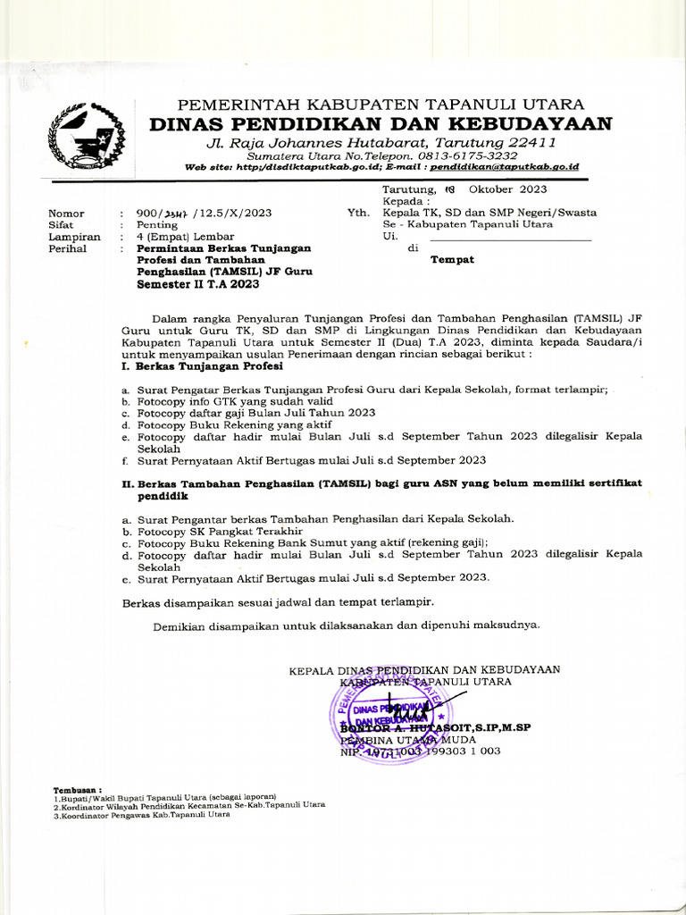 Surat Permintaan Berkas TPG Dan Tamsil Semester II T.A 2023 | PDF