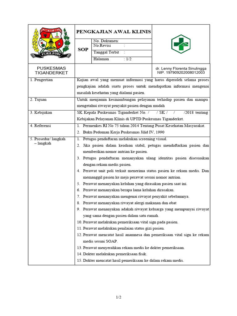 3.2.1.a.2. SOP Pengkajian Awal Klinis Screening | PDF | Sains & Matematika