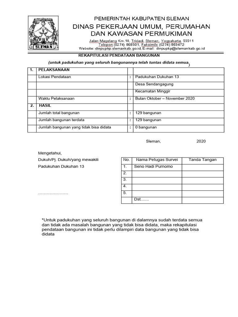 Contoh Form Rekapitulasi Pendataan Per Padukuhan | PDF