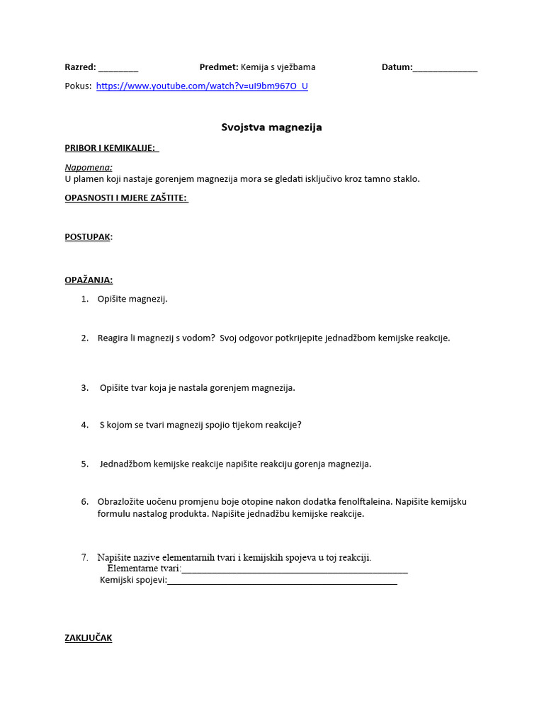 Gorenje Magnezija - Doseg Reakcije I Mjerodavni Reaktant | PDF