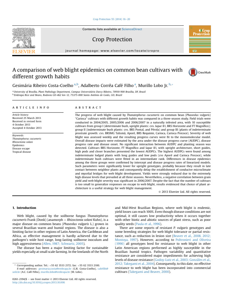 A Comparison of Web Blight Epidemics On Common Bean Cultivars With ...