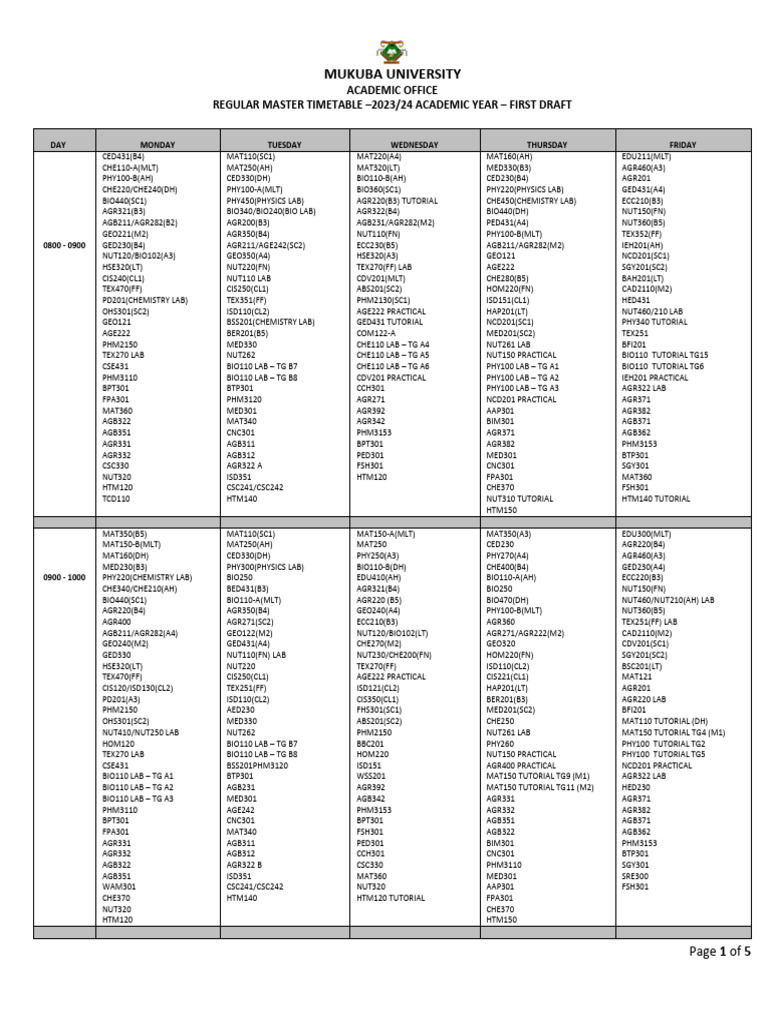 Regular Master Timetable For 2023 24 Academic Year Final | PDF