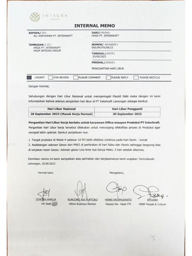 Internal Memo Libur ITK | PDF