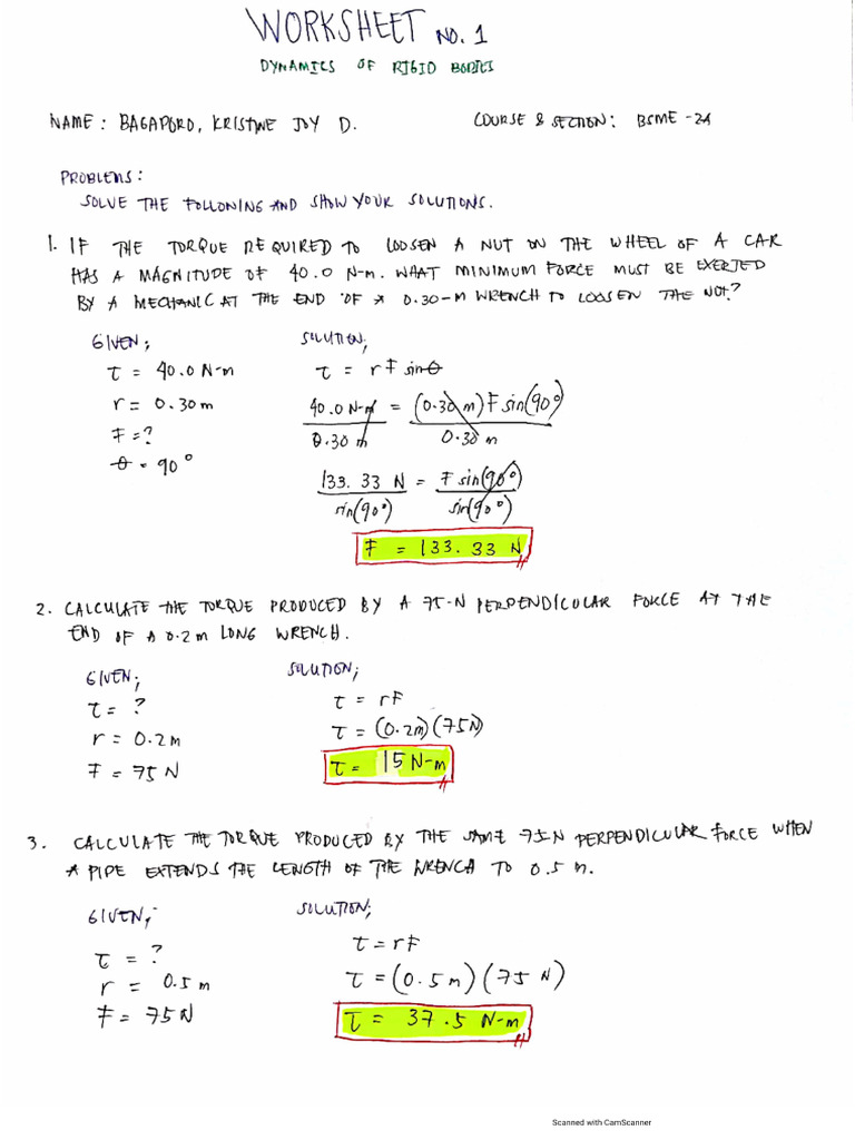 Dynamics of Rigid Bodies - WORKSHEET NO. 1 | PDF