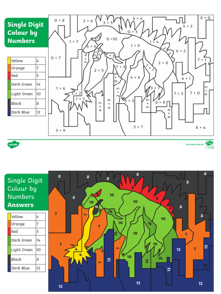 Math Coloring - Dinosaur | PDF | Color | Blue