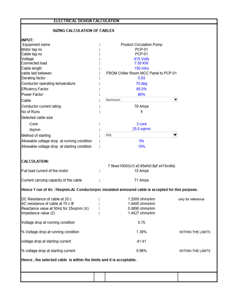 PCP - 01 With DOL Cable Sizing | PDF | Electrical Resistance And ...