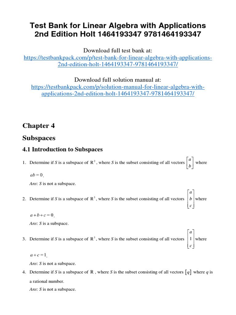 Test Bank for Linear Algebra 2nd Ed. | PDF | Linear Subspace | Vector Space