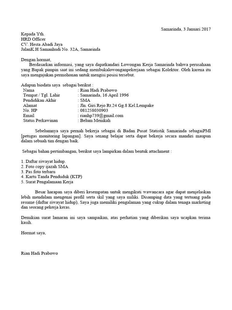 626 - Surat Lamaran Kerja CV Hesta Rian | PDF