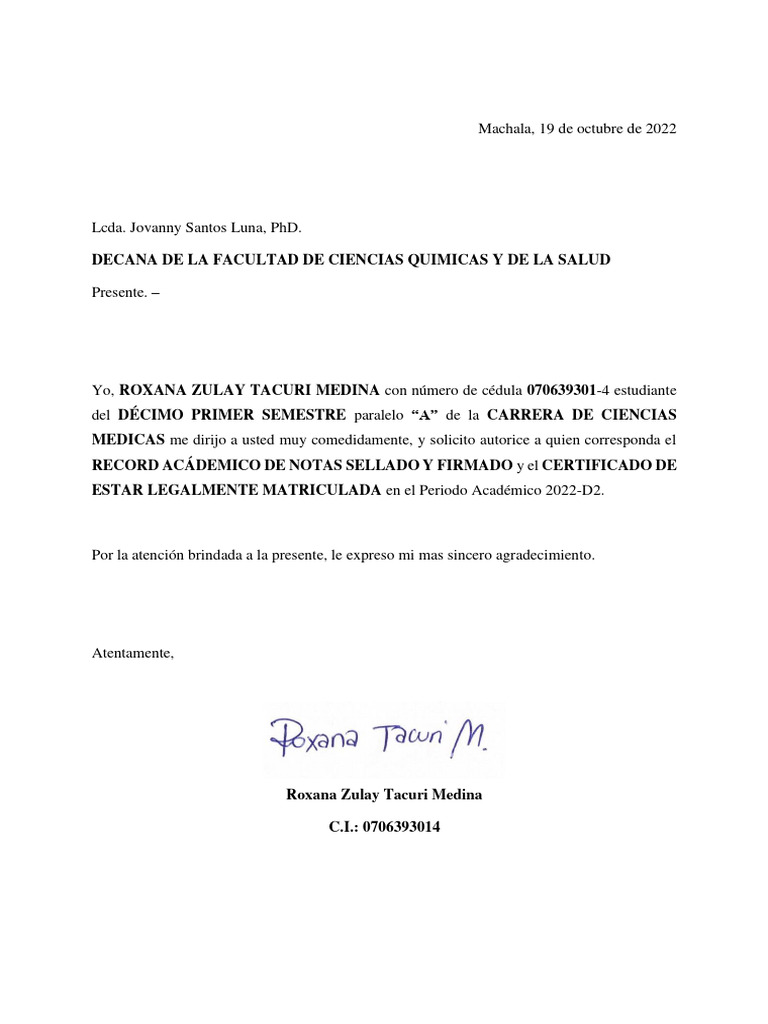 Oficio Decano FCQS-Roxana Tacuri | PDF