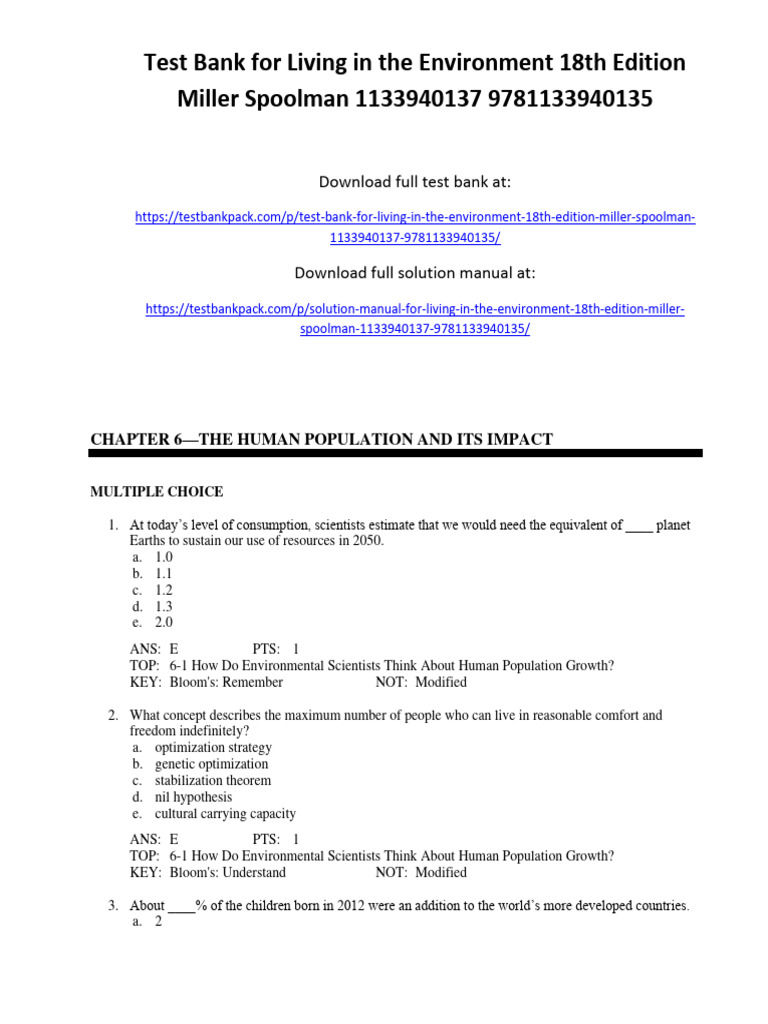 Living in The Environment 18th Edition Miller Test Bank 1 | PDF ...