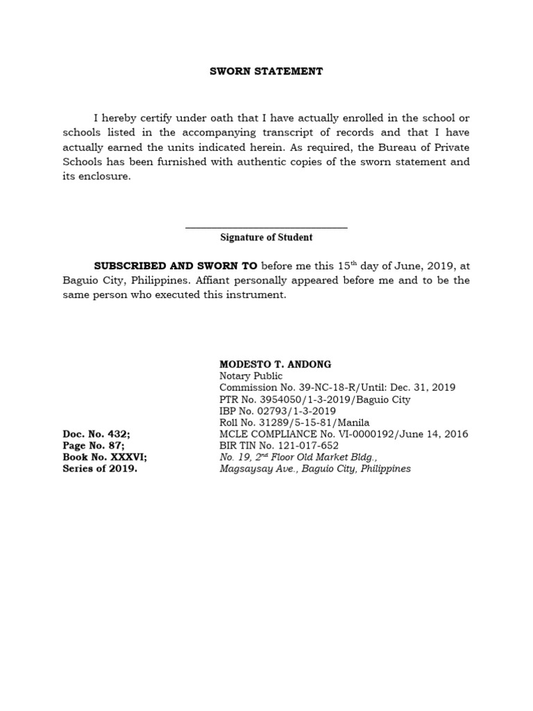 Sworn Statement for Enrollment Verification | PDF | Social Science