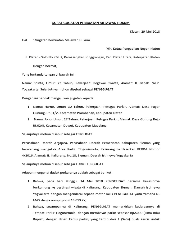 Surat Gugatan Perbuatan Melawan Hukum | PDF
