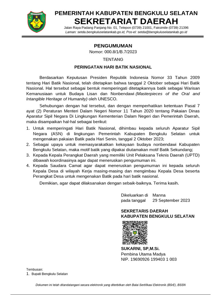 Surat Peringatan Hari Batik Nasional | PDF