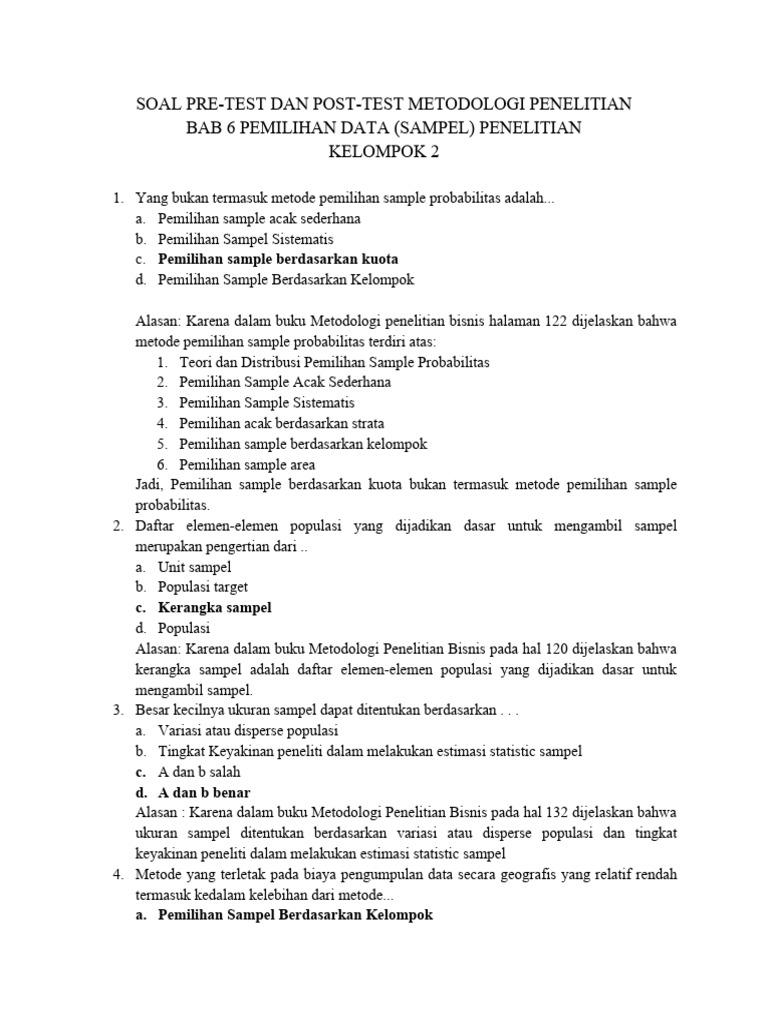 Soal Pre Test Dan Post Test Metodologi Penelitian BAB 6 Kel 2 PDF