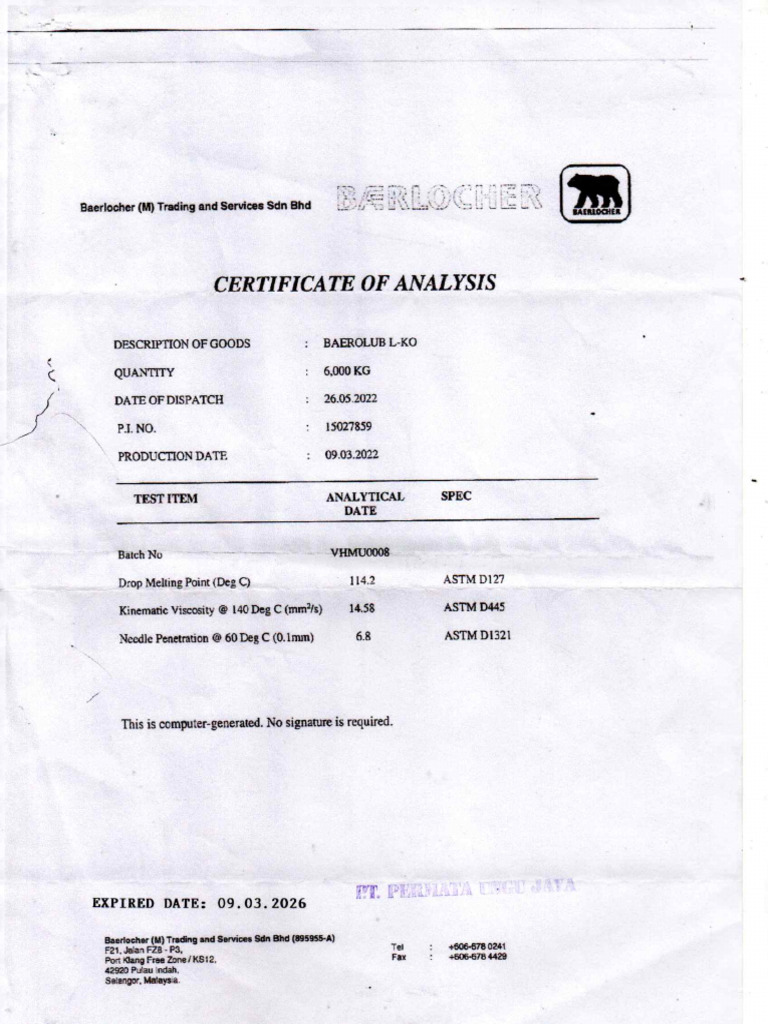COA Baerolub L-KO | PDF