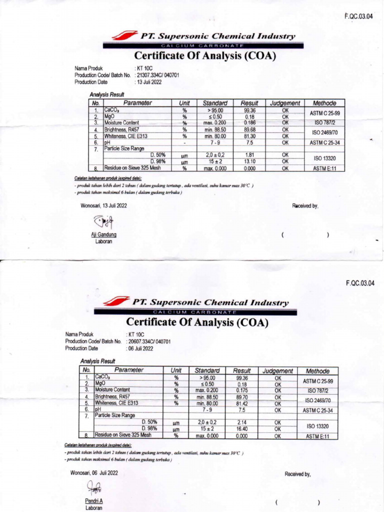 COA Calcium Carbonate KT 10C | PDF