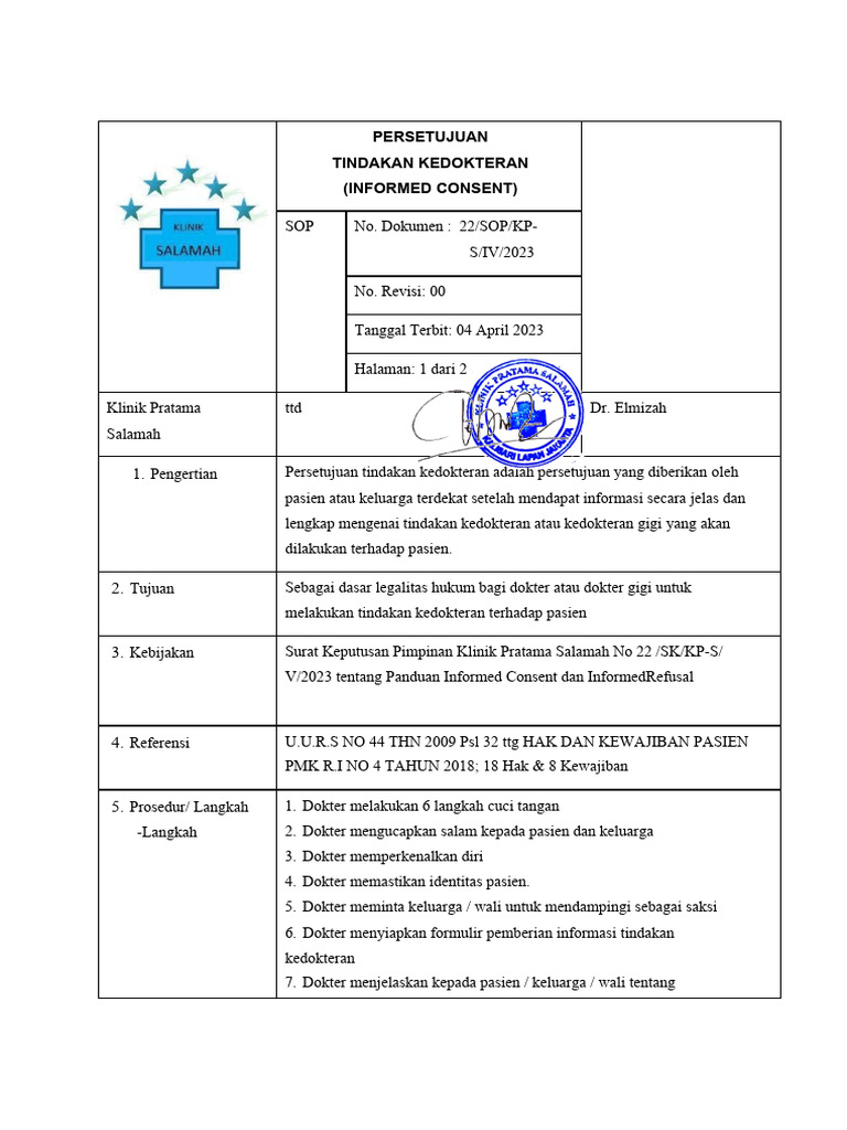 PKP 2 EP.1 SOP Persetujuan Tindakan Kedokteran | PDF