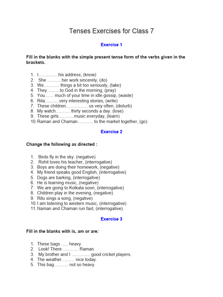 Tenses Exercises For Class 7 | PDF