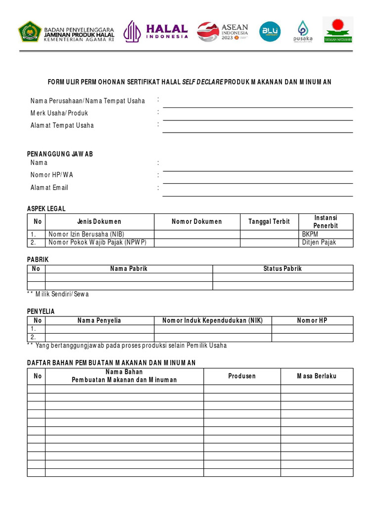 Form Pengajuan Sertifikat Halal Self Declare | PDF