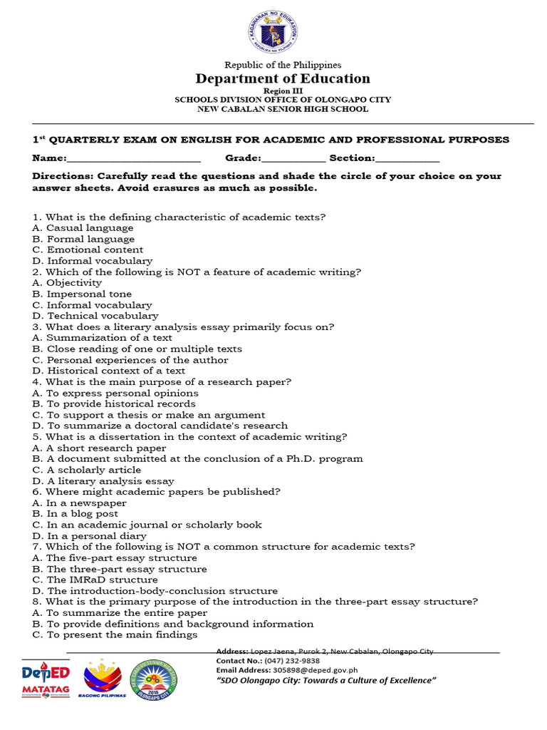 1st Quarter Exam EAPP | PDF | Essays | Thesis