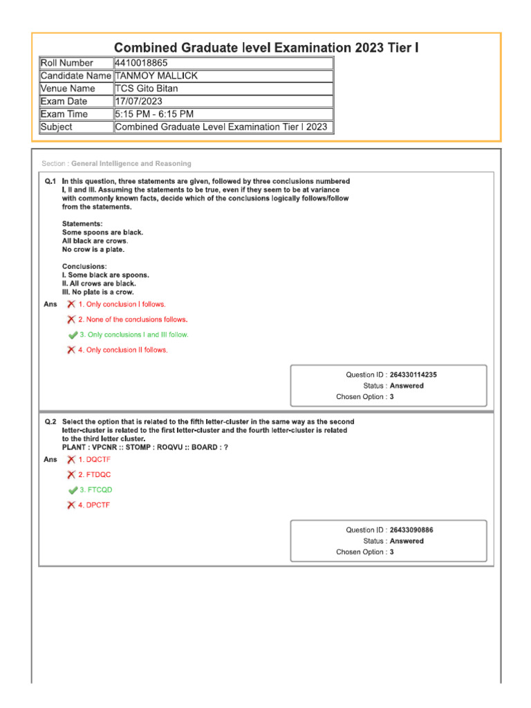 SSC CGL Answer Key 17 7 2023 Shift 4 | PDF