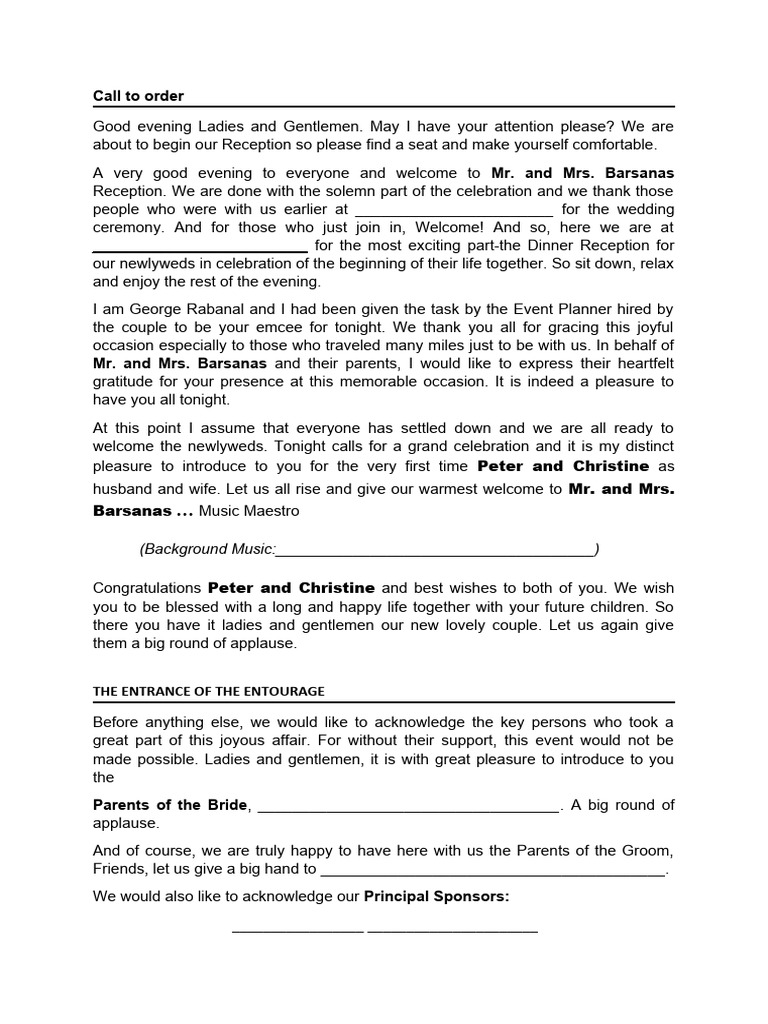 Wedding Reception Emcee's Script | PDF