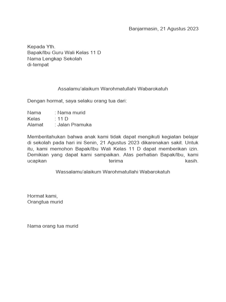 Contoh Surat Izin Sakit Sekolah | PDF