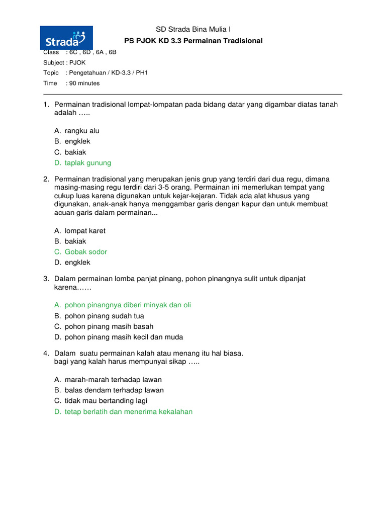 PJOK - PS PJOK KD 3.3 Permainan Tradisional - Question + Answer + Student | PDF