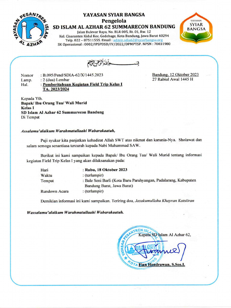 Surat Pemberitahuan Field Trip Kelas 1 | PDF