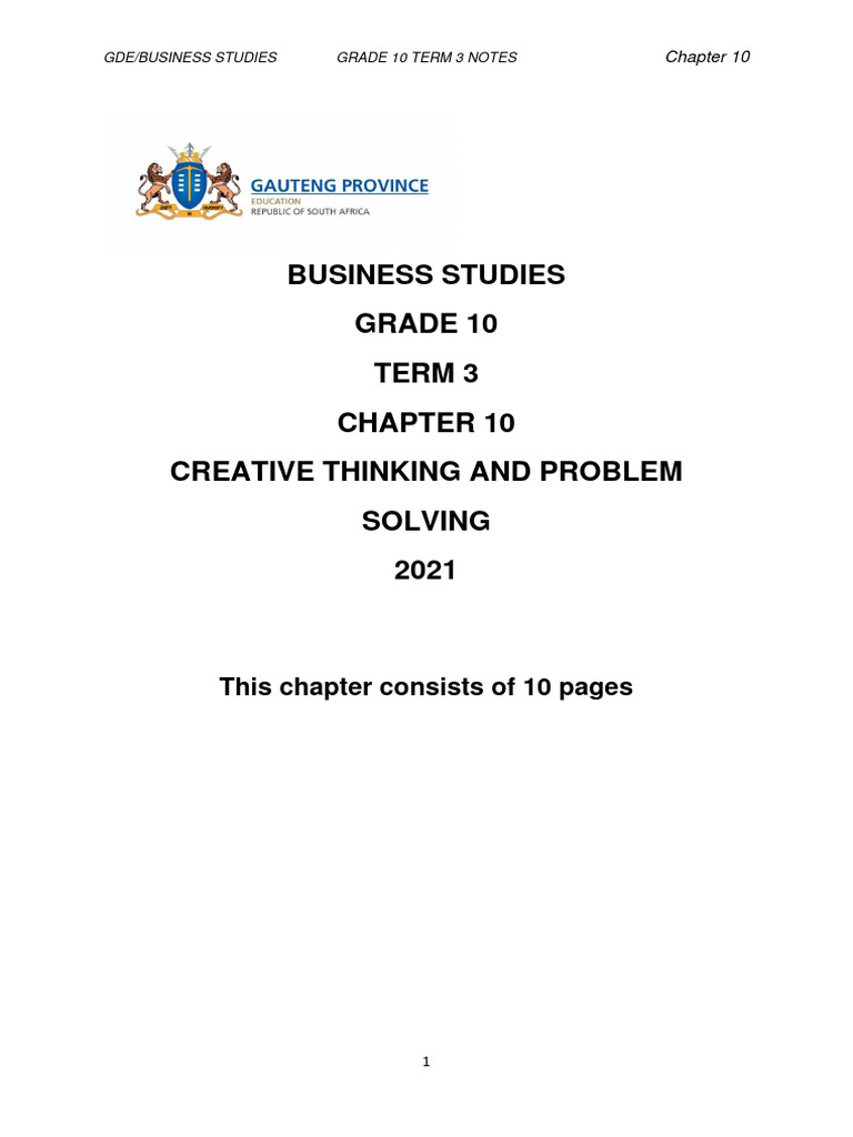 2021 Business Studies Grade 10 Term3 Chapt 10 Creative Thinking & Problem Solving | PDF ...