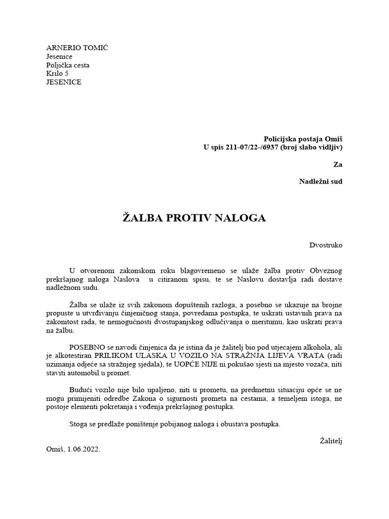 ARNERIO TOMIĆ Prekršajni Nalog Žalba | PDF