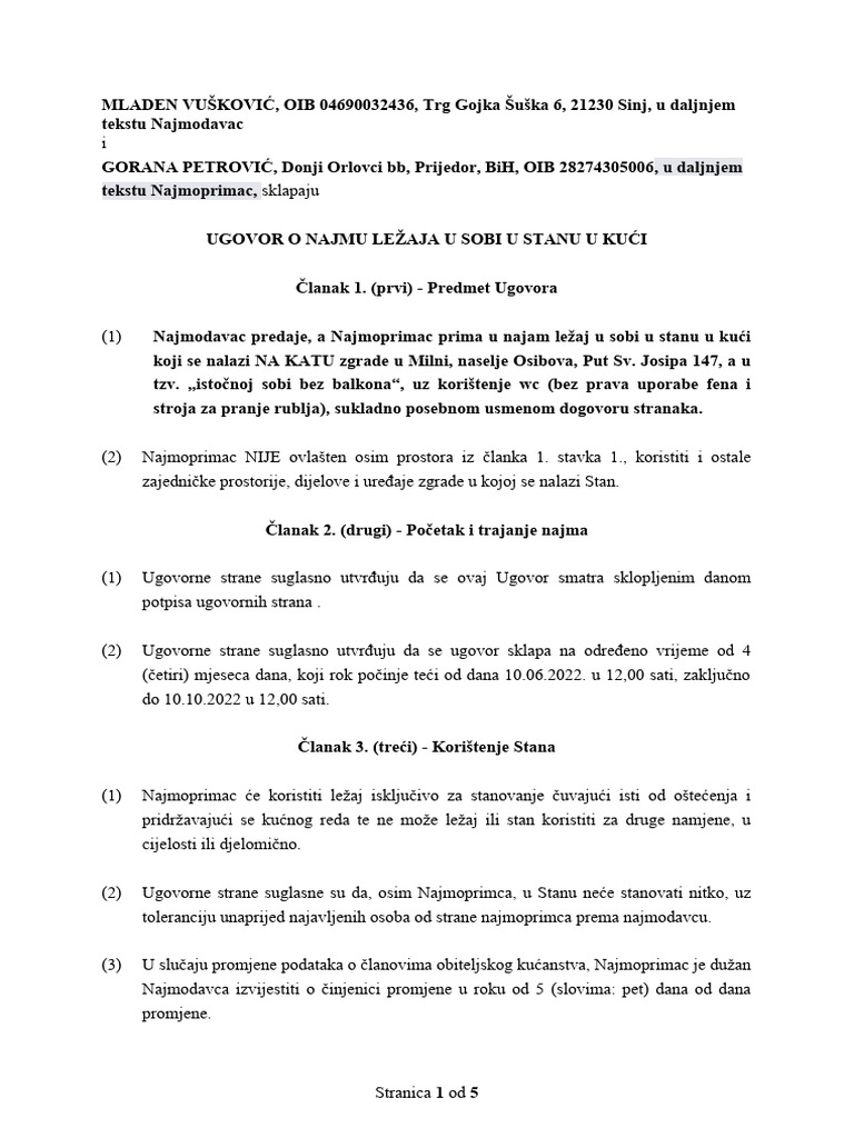 Ugovor o Najmu Osibova Goca Barbara | PDF