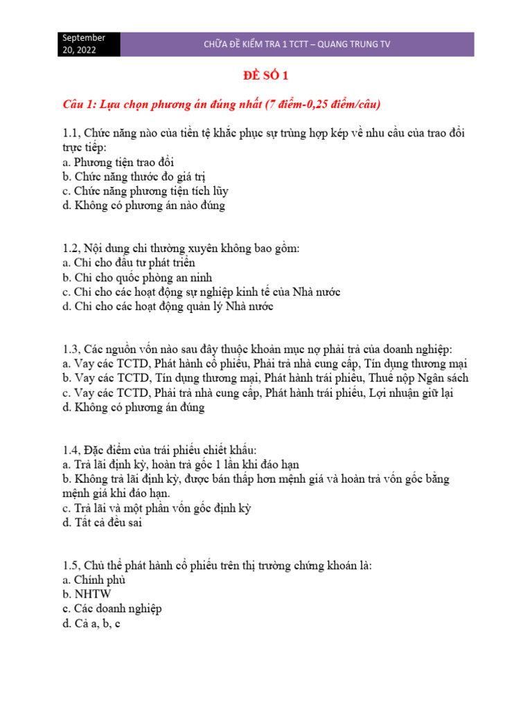 ĐỀ SỐ 1 TCTT | PDF
