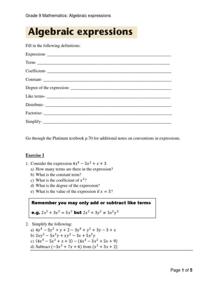 Mathematics Grade 9 To Complete Algebraic Expressions | PDF | Teaching ...