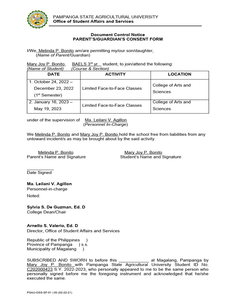 For F2F Classes PSAU OSS SF 01. Parentsor Guardians Consent Form 1 2 | PDF
