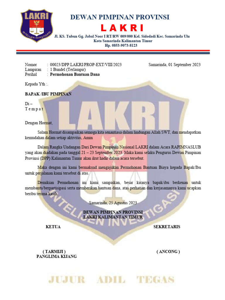 Permohonan Dana RAPIMNASLUB LAKRI | PDF