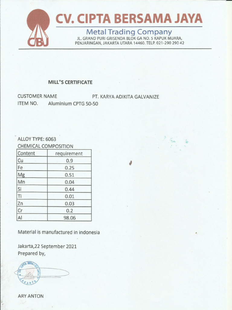 Mill Cert Cipta Bersama CPTG 50-50 | PDF