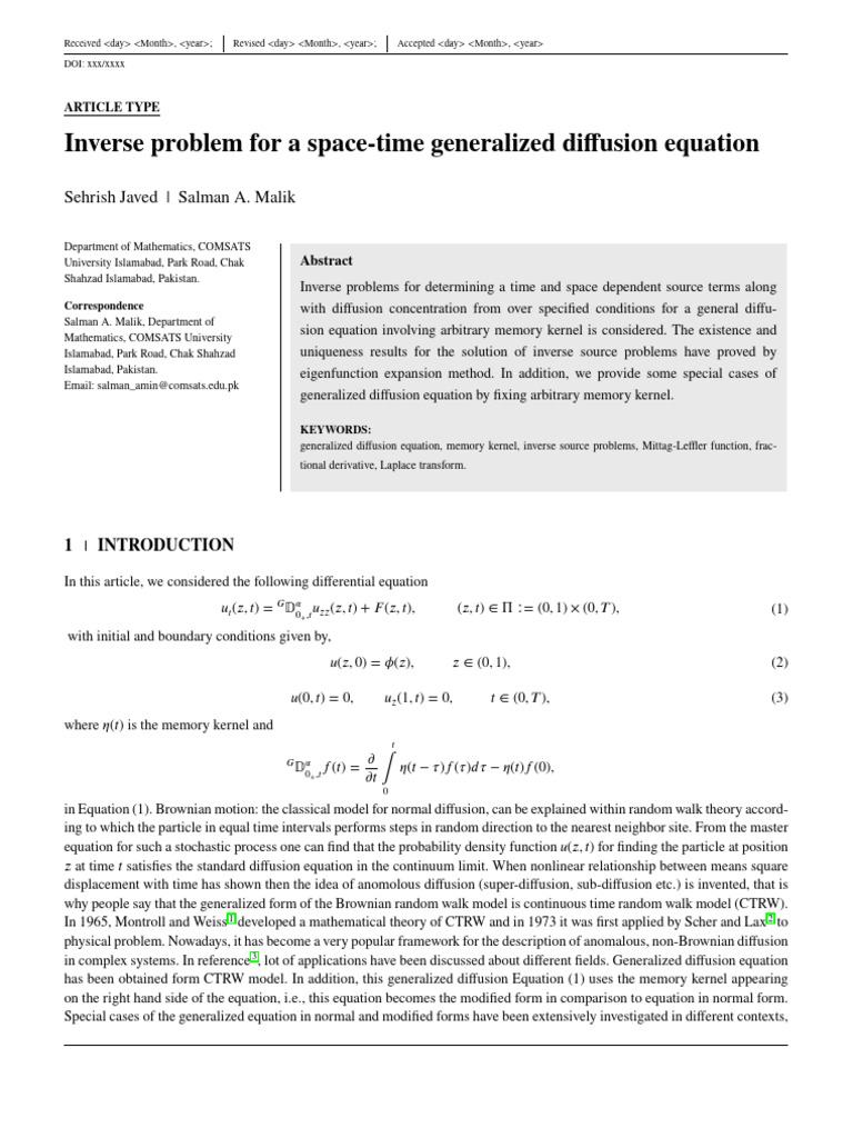 Inverse Problem For A Space Time Generalized Diffusion Equation Pdf Diffusion Inverse Problem