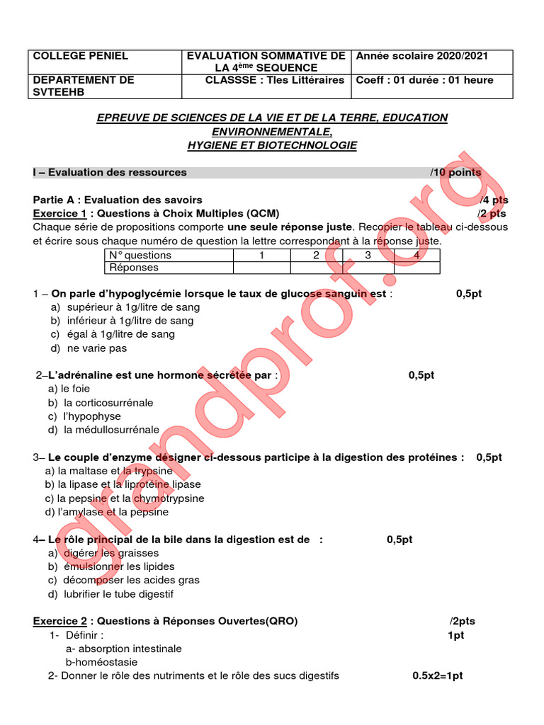 Epreuve de Sciences de La Vie Et de La Terre, Education Environnementale, Hygiene Et ...