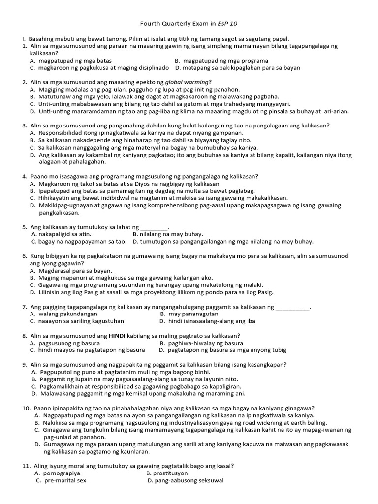 Fourth Quarterly Exam in EsP 10 | PDF