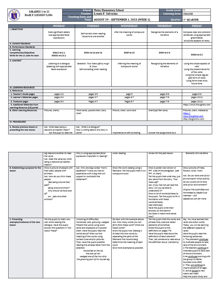 DLL - English 5 - Q1 - W1 | PDF | Word | Verb