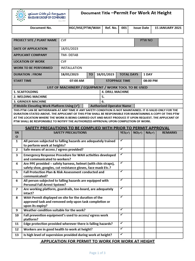 WAH Permit for Installation Work | PDF | Working Conditions ...