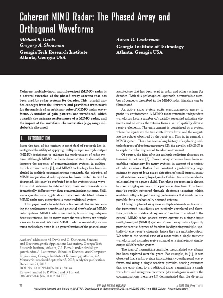 Coherent MIMO Radar The Phased Array and Orthogonal Waveforms | PDF | Mimo | Radar